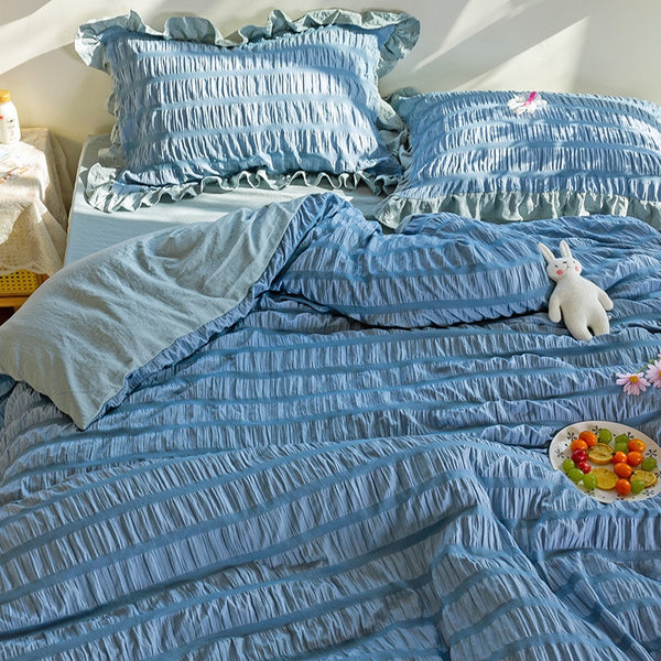 Yeknu Simple Solid Binding Bedding Set White Blue Queen King 220x240 S