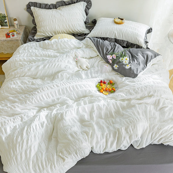 Yeknu Simple Solid Binding Bedding Set White Blue Queen King 220x240 S